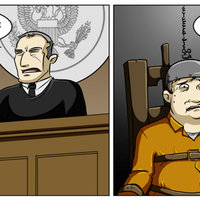 comic with one panel showing a judge giving the death sentence and the next panel shows a prisoner strapped to an electric chair who had called it