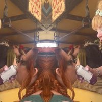 A picture of a blonde woman in renaissance garb feeding another woman a canned beer, duplicated twice so that they are reflecting each other.