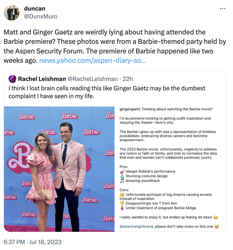 Matt Gaetz Wife Offers First Viral Conservative Review Of 'Barbie ...