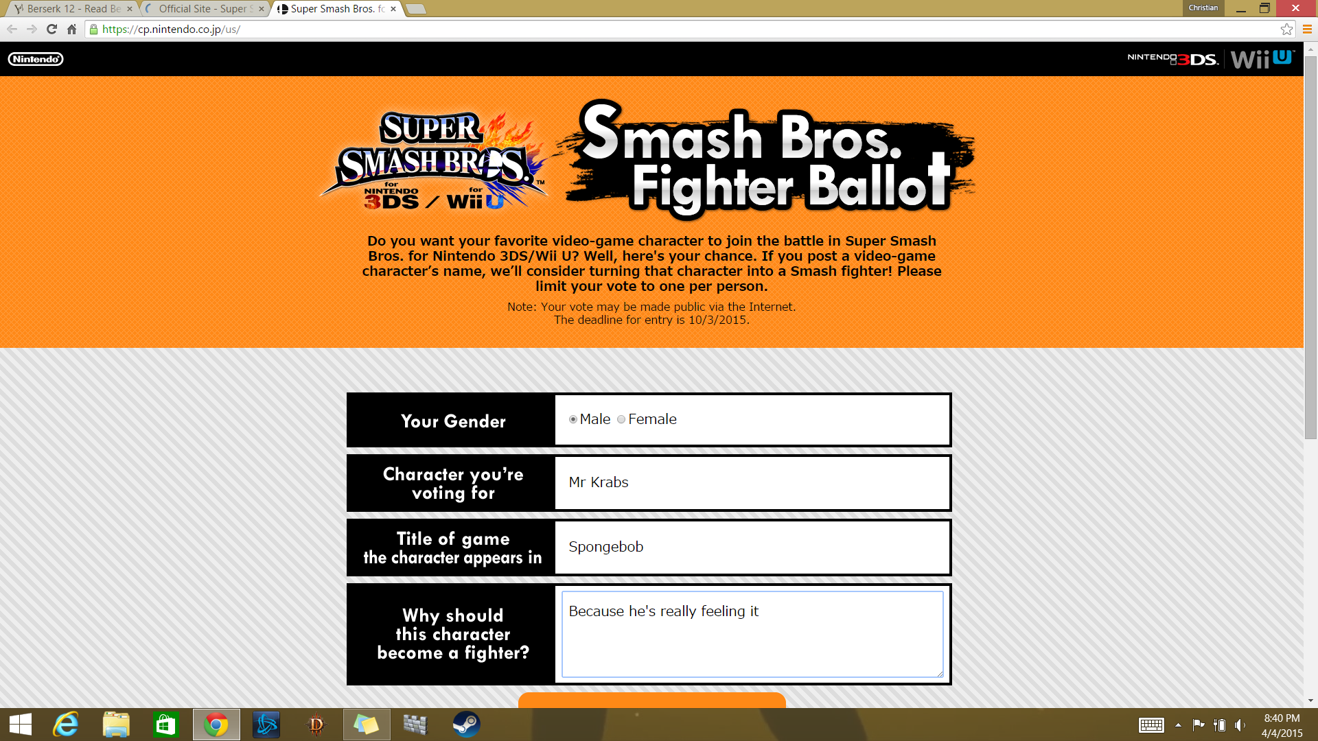 #mrkrabsforsmash | Smash Bros. Fighter Ballot | Know Your Meme