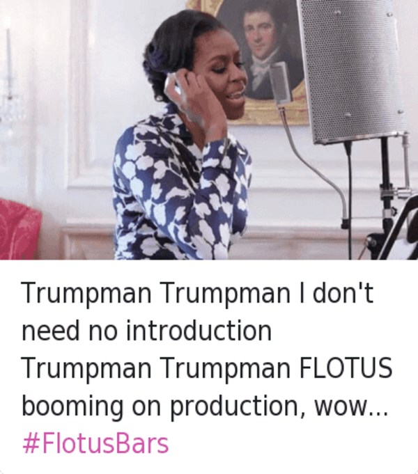 @iamlaurenp Trumpman Trumpman I don't need no introduction #FLOTUSbars ...
