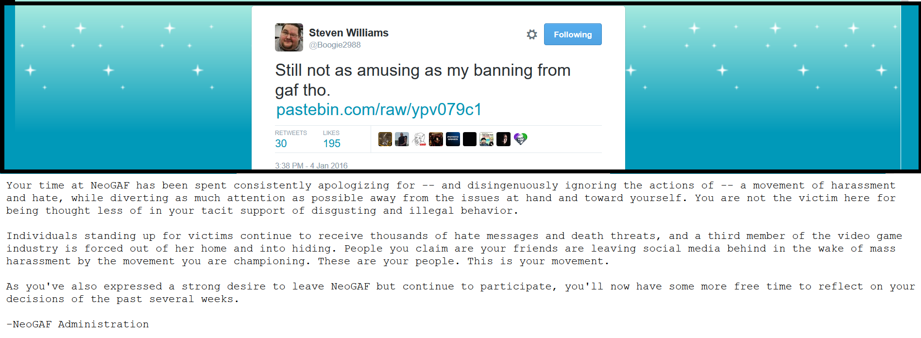 His NeoGAF Ban Message | Boogie2988 | Know Your Meme