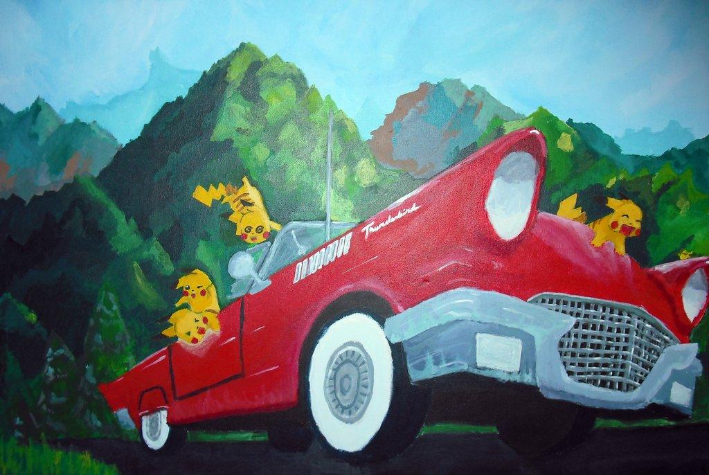 Pikachus riding in a old red Ford Thunderbird | Pokémon | Know Your Meme