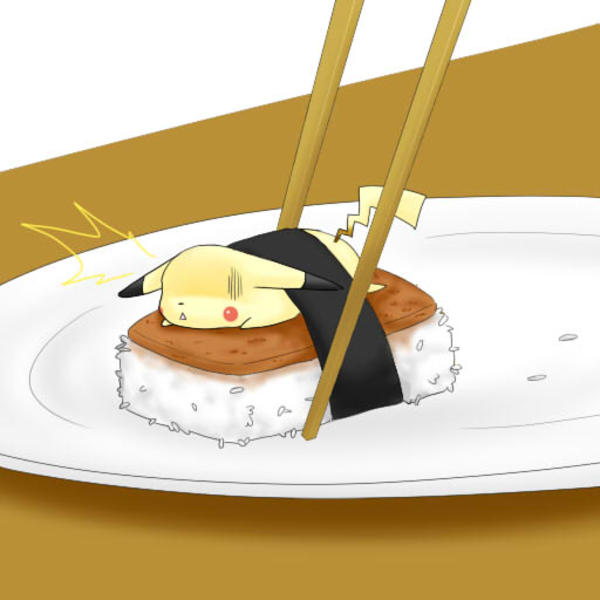 Pikachu got caught in the Spam Musubi. | Pokémon | Know Your Meme
