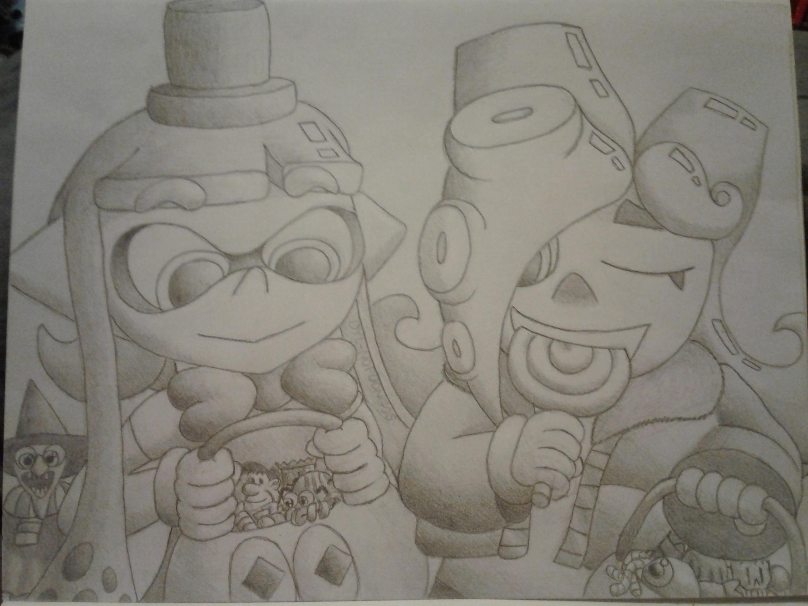 Drawing of an Inkling and an Octoling going trick - or - treating I ...