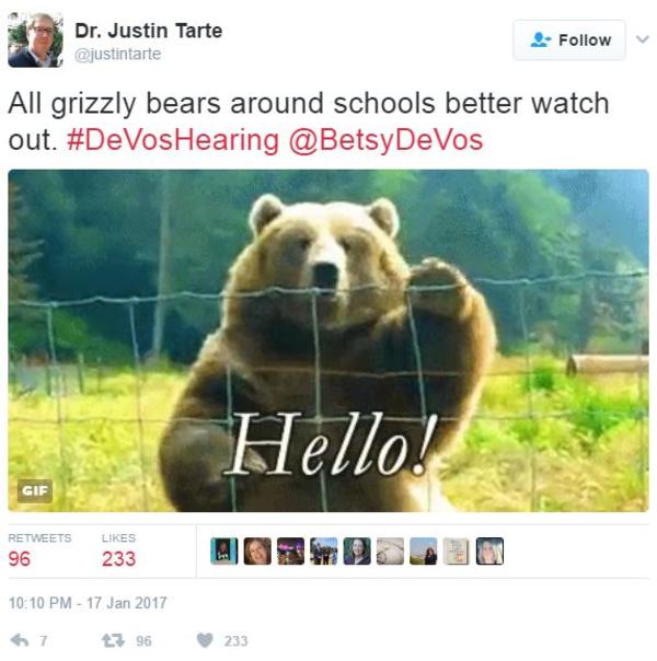 Dr. Justin Tarte Tweet | Betsy DeVos' "Grizzly Bear Attacks" Remark | Know Your Meme