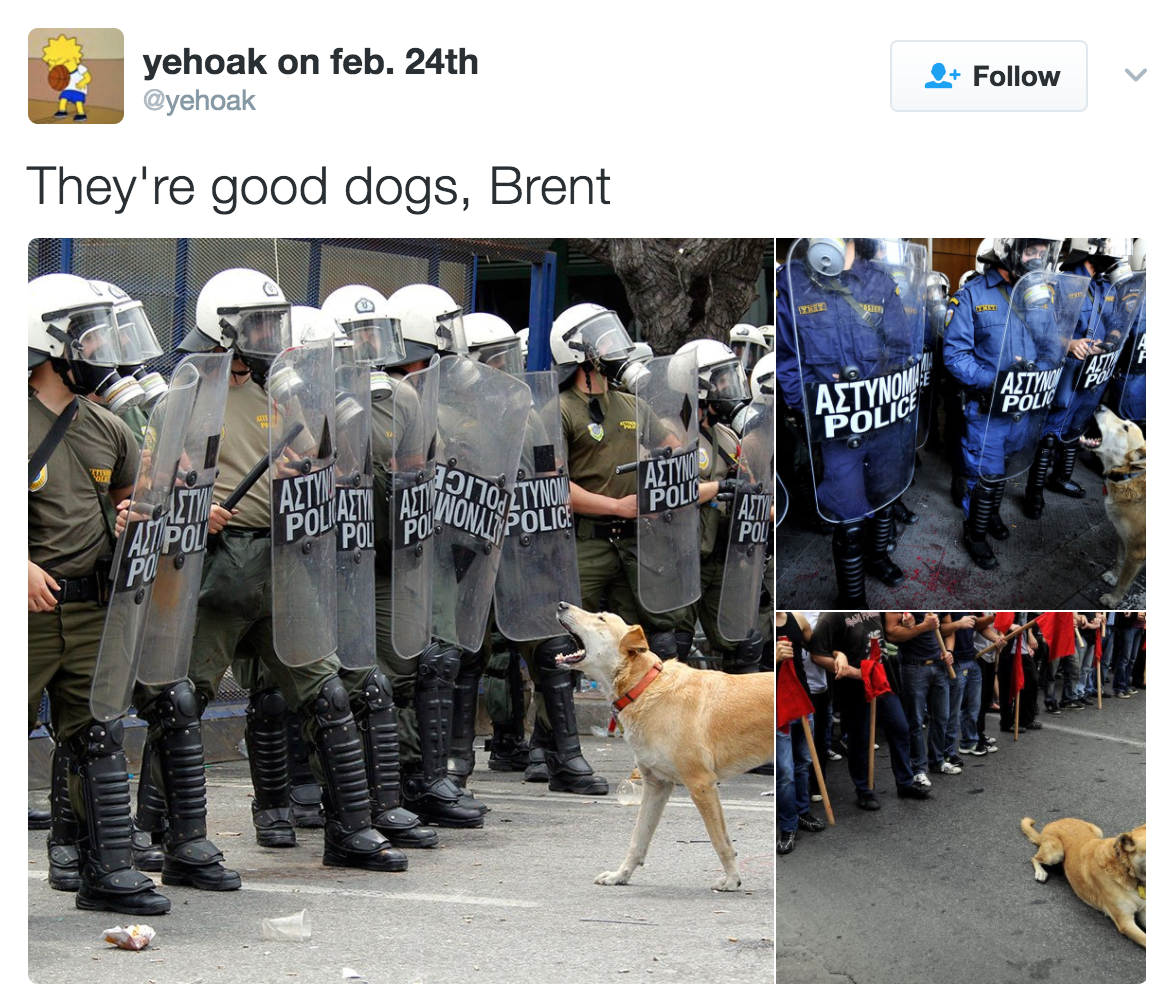 Barkin at the police | They're Good Dogs Brent | Know Your Meme