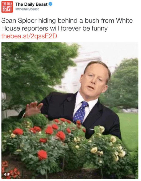 Sean Spicer hiding behind a bush from White House reporters will ...