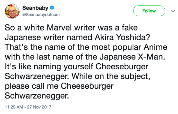 Seanbaby Tweet | Marvel Editor-In-Chief Japanese Pseudonym Controversy ...