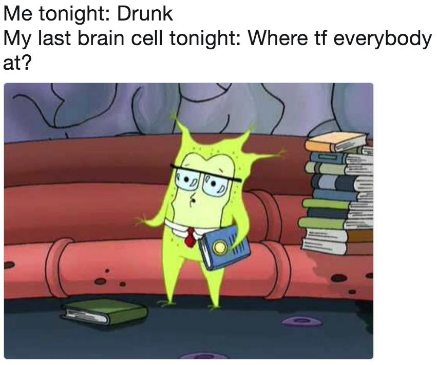 Me tonight: Drunk My last brain cell tonight: Where tf everybody at ...
