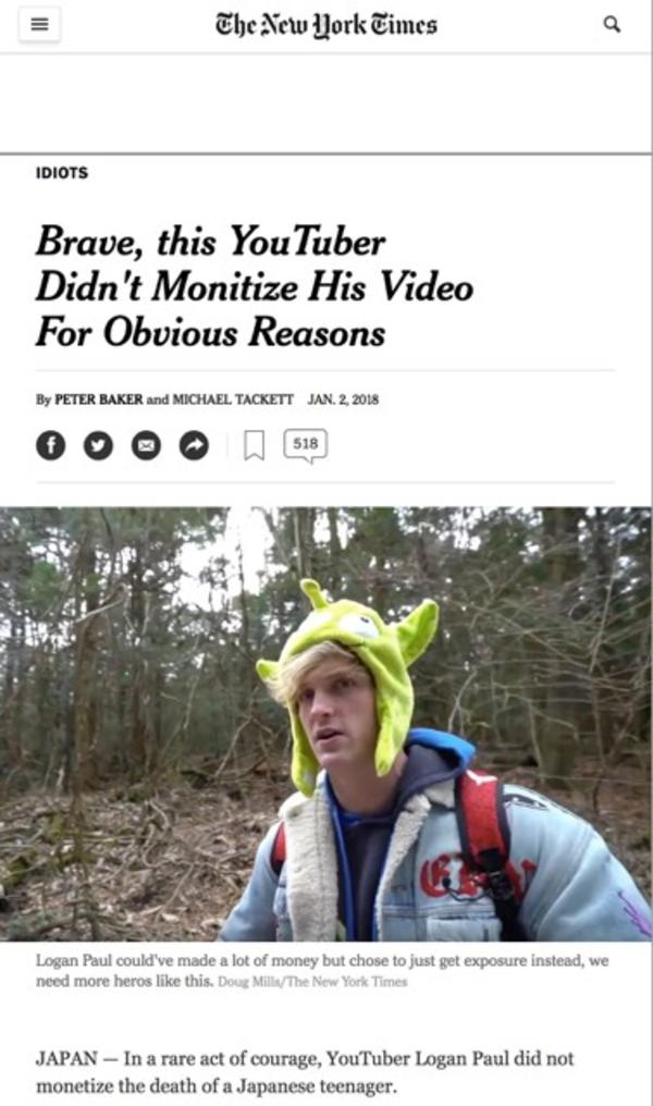 New York Times photoshopped headline | Logan Paul's Suicide Forest ...