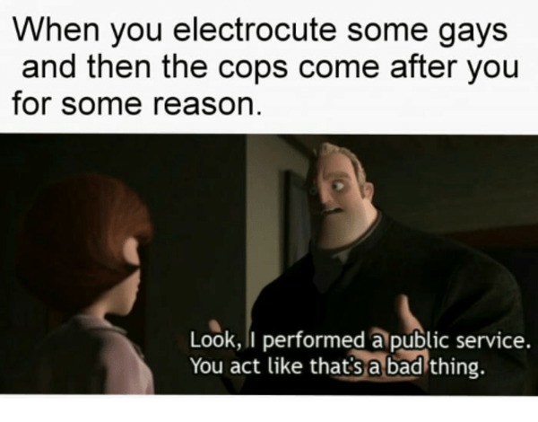When you electrocute some gays | Look, I Performed a Public Service ...