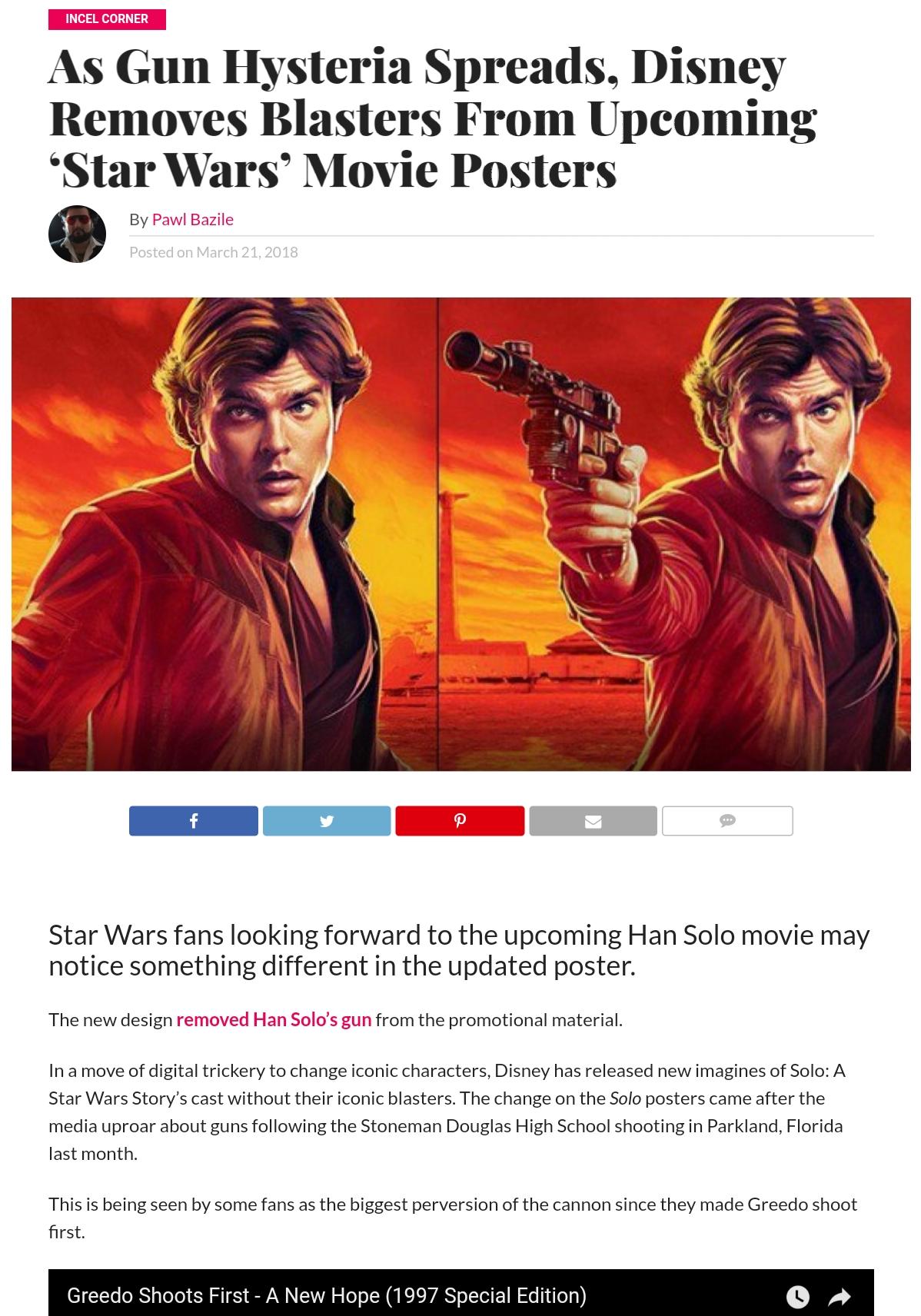 1977: Han shot first. 1997: Greedo shot first. 2018: What are guns ...