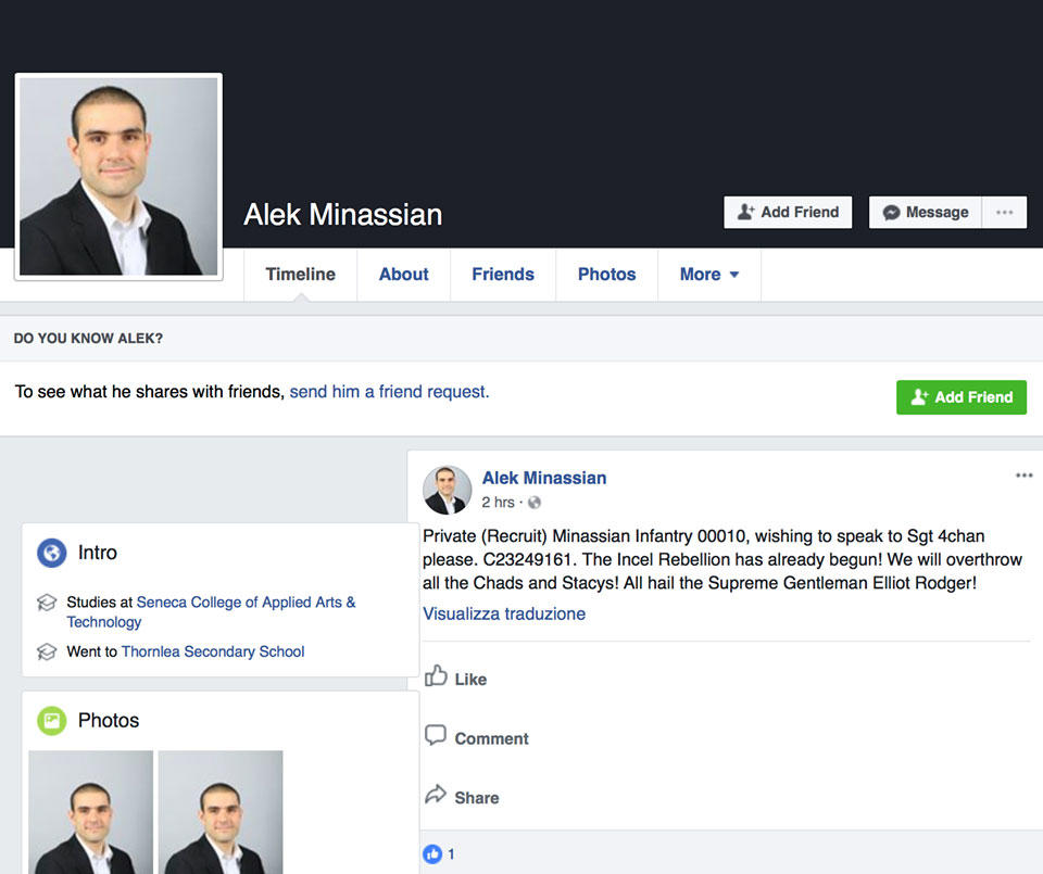 Alek Minassian Facebook Page | 2018 Toronto Van Attack | Know Your Meme