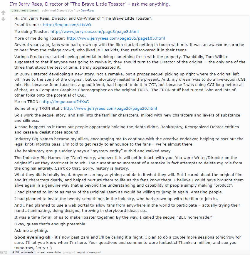 Jerry Rees Reddit Post | The Brave Little Toaster | Know Your Meme