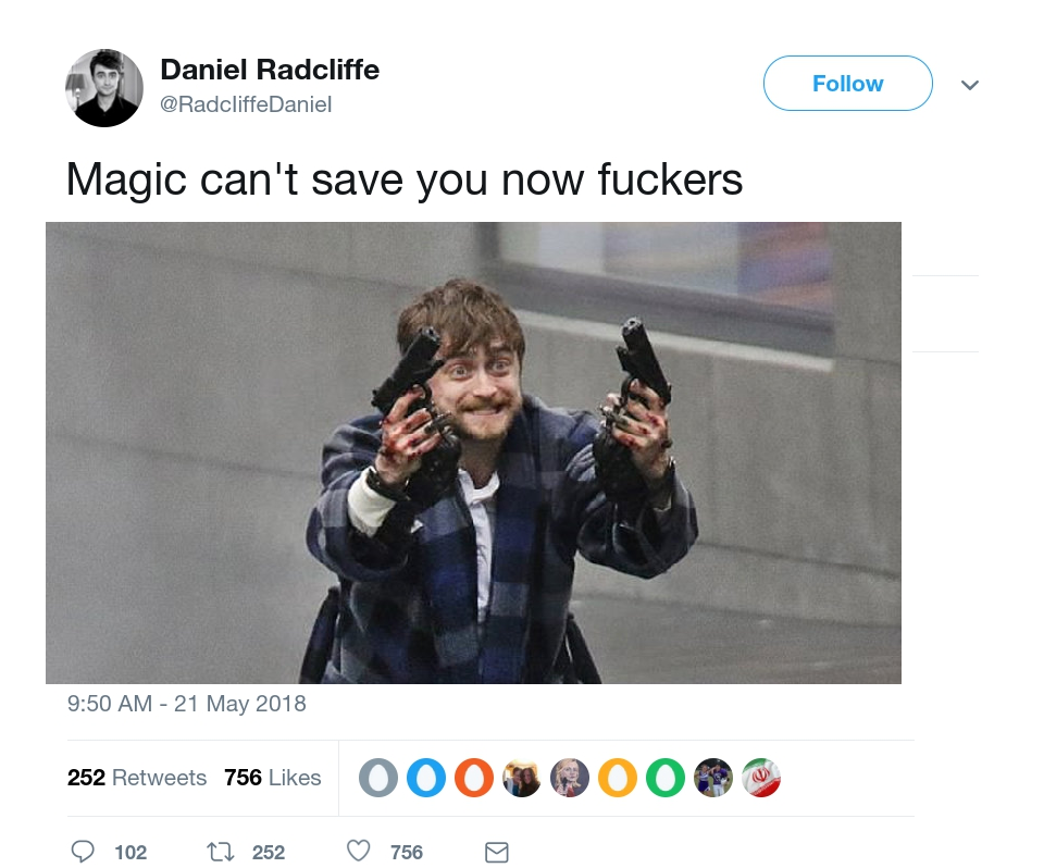 Magic can't help now | Daniel Radcliffe Holding Two Guns | Know Your Meme