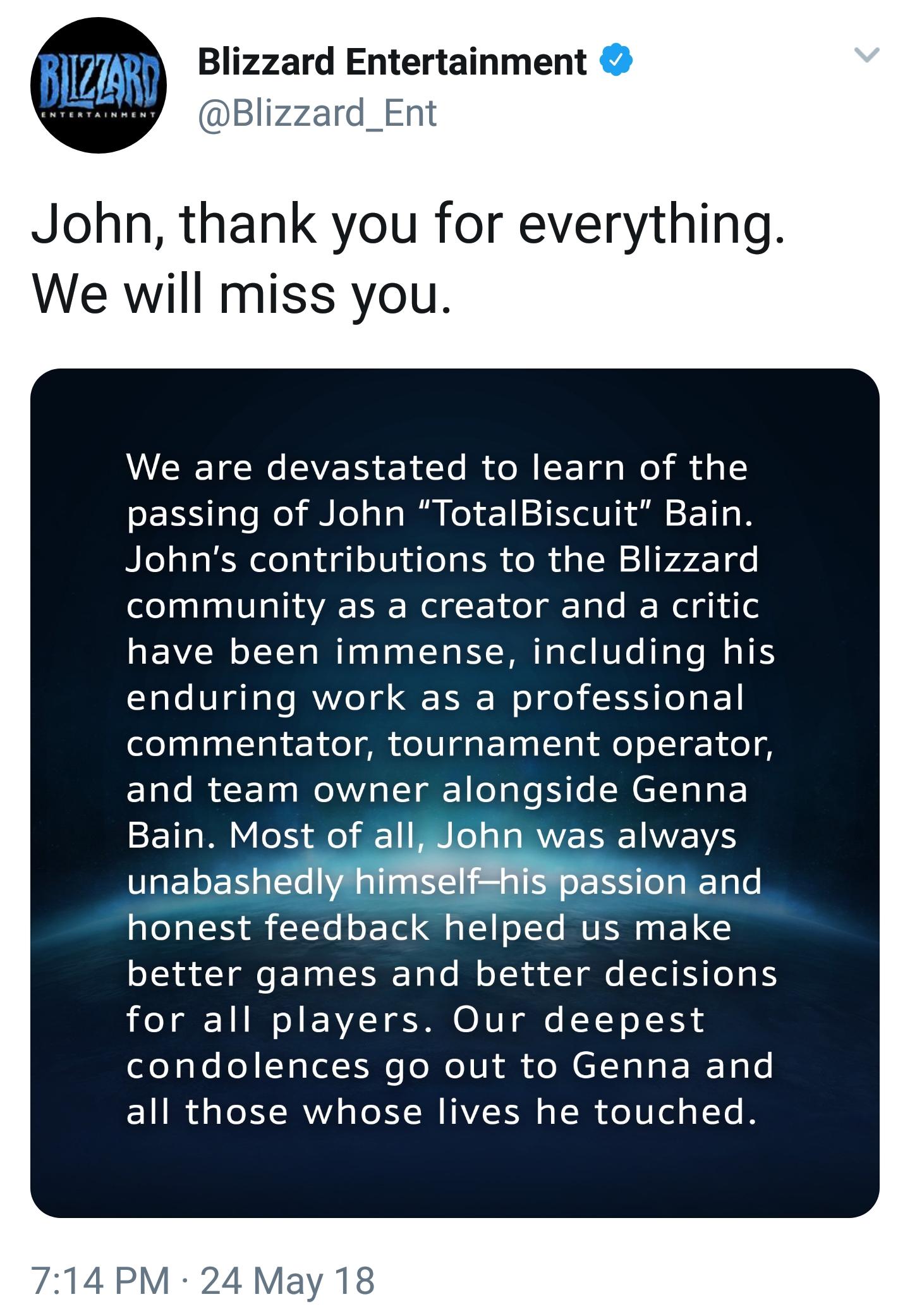 Blizzard's reaction to Totalbiscuit's death | TotalBiscuit | Know Your Meme