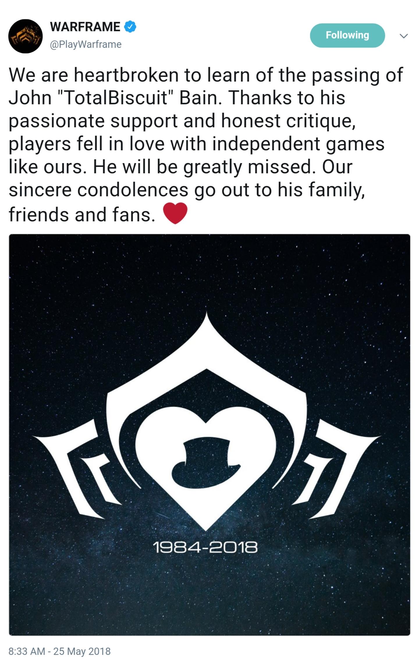 Warframe's response to Totalbiscuit's death | TotalBiscuit | Know Your Meme