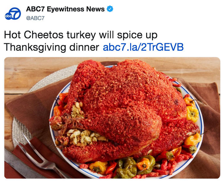 Hot Cheetos turkey will spice up Thanksgiving dinner https://abc7.la ...