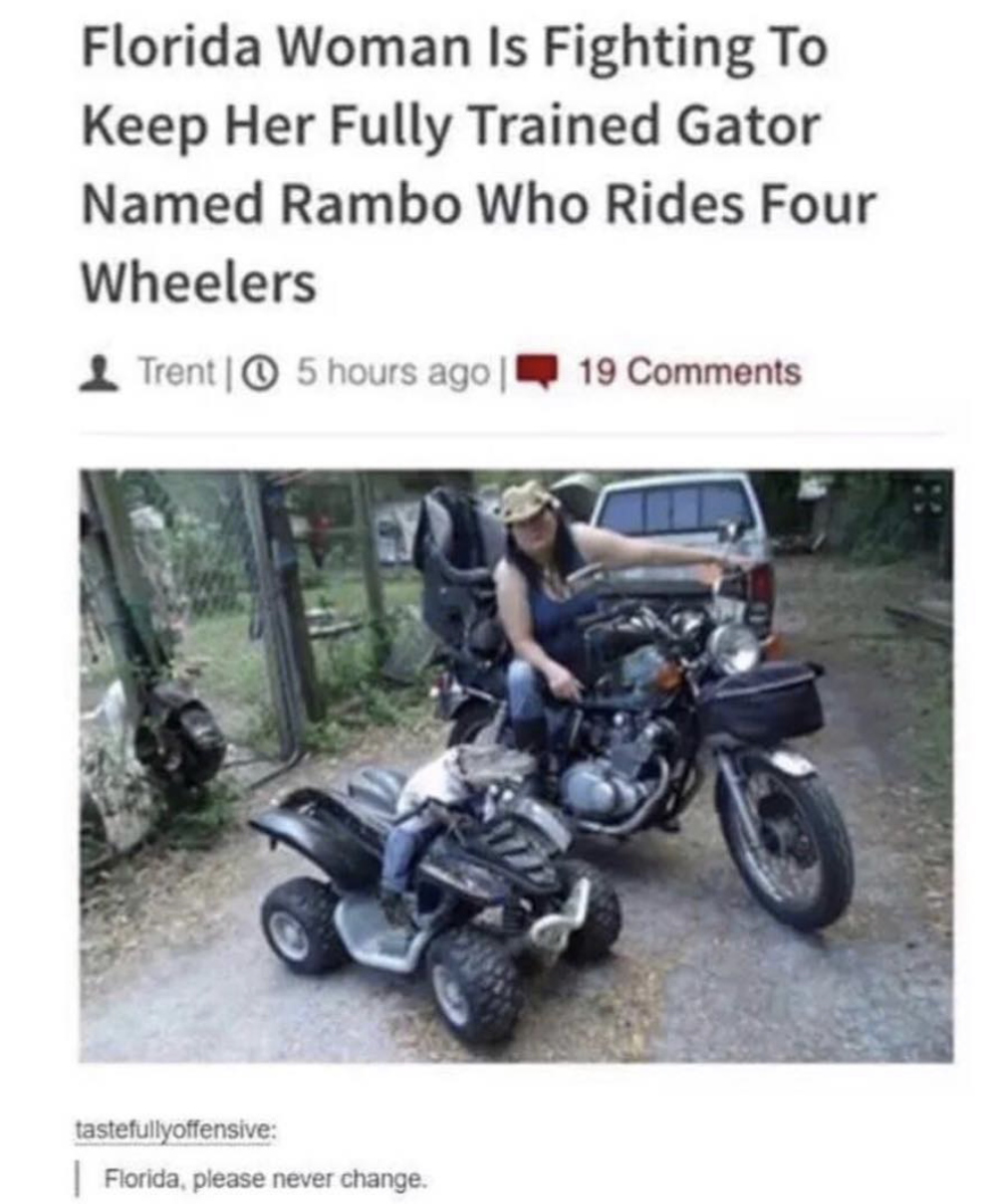 The pic of the alligator riding the quad really brings this one home ...