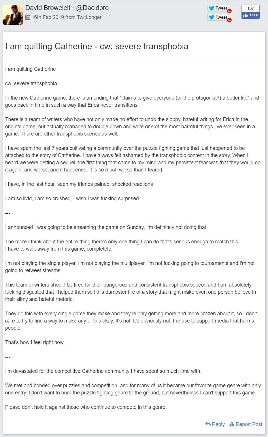 Dacidbro is quitting the Catherine Competitive scene over a major plot ...