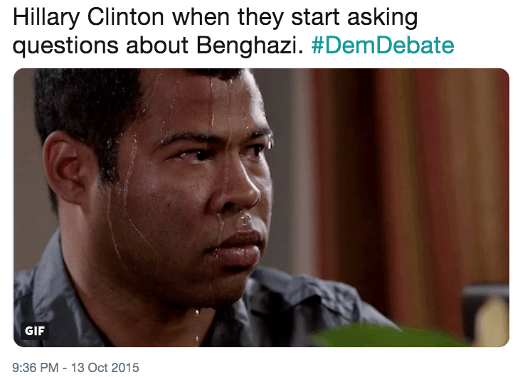 Hillary Clinton when they start asking questions about Benghazi. #DemDebate | Sweating Jordan ...