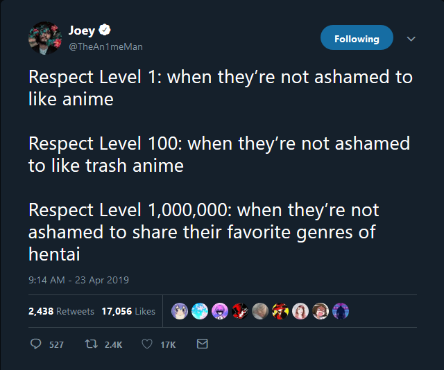 Respect Level 1: when they’re not ashamed to like anime Respect Level ...