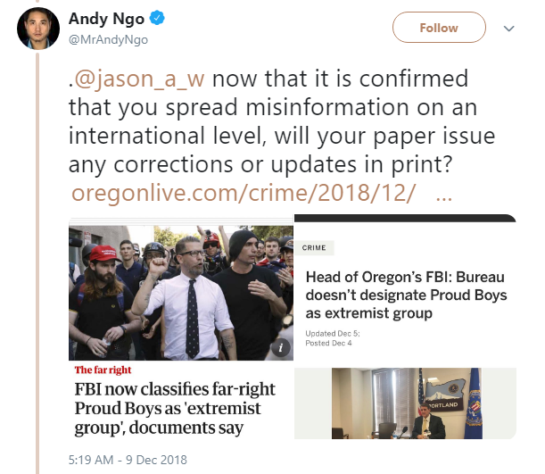 Andy Ngo attacking journalist Jason Wilson for accurately reporting on ...