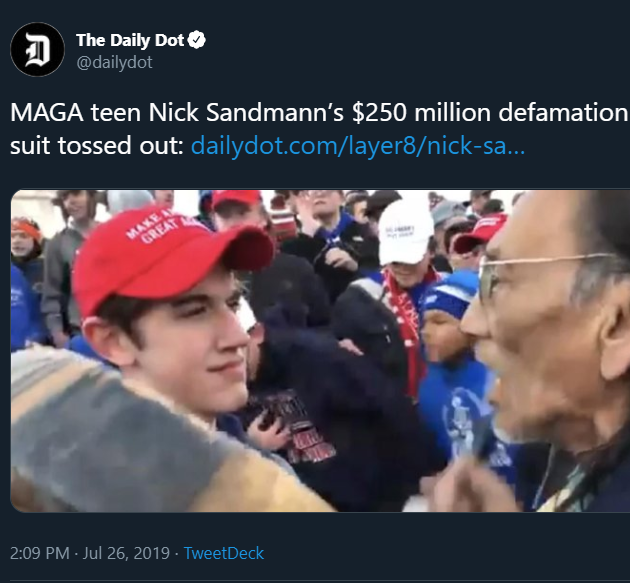 MAGA teen Nick Sandmann’s $250 million defamation suit tossed out ...