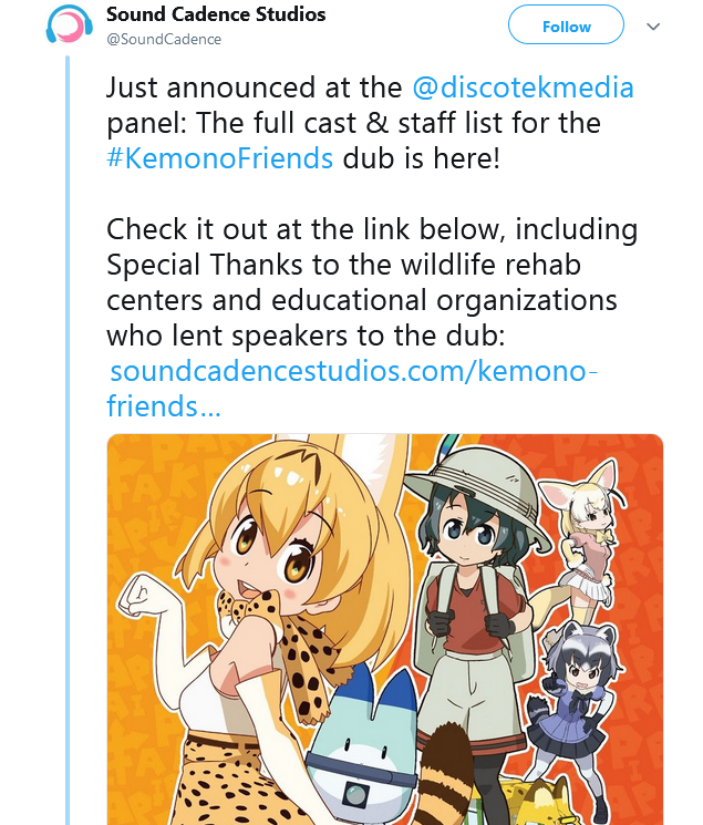 Friendly reminder that Kemono Friends is getting an English dub ...
