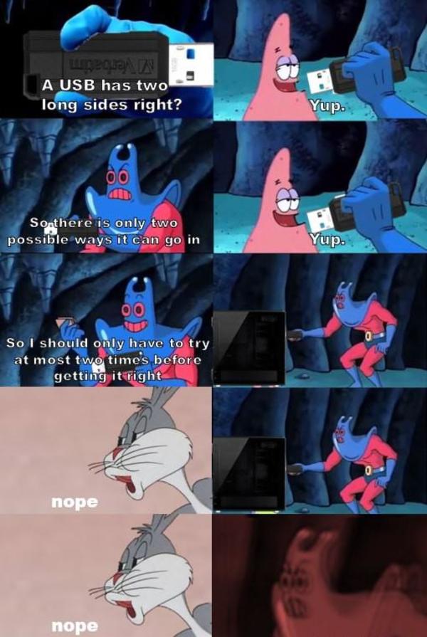 The magnitude of frustration | r/BikiniBottomTwitter | USB Insertion Issues | Know Your Meme