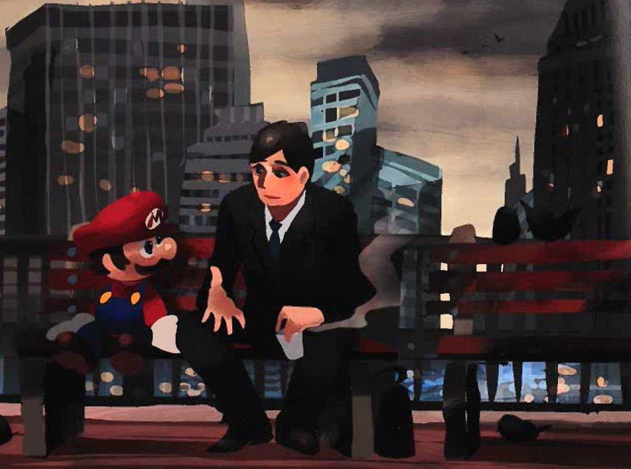 Concept art of Mario comforting a lonely man in New Donk City, from the ...