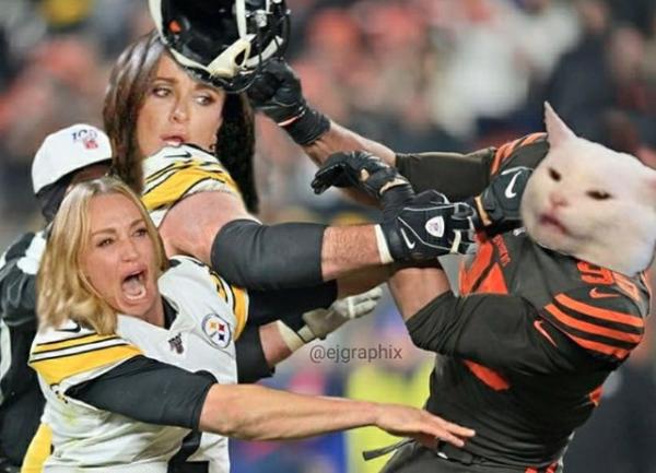 Woman yelling at a cat | Myles Garrett Helmet Attack | Know Your Meme