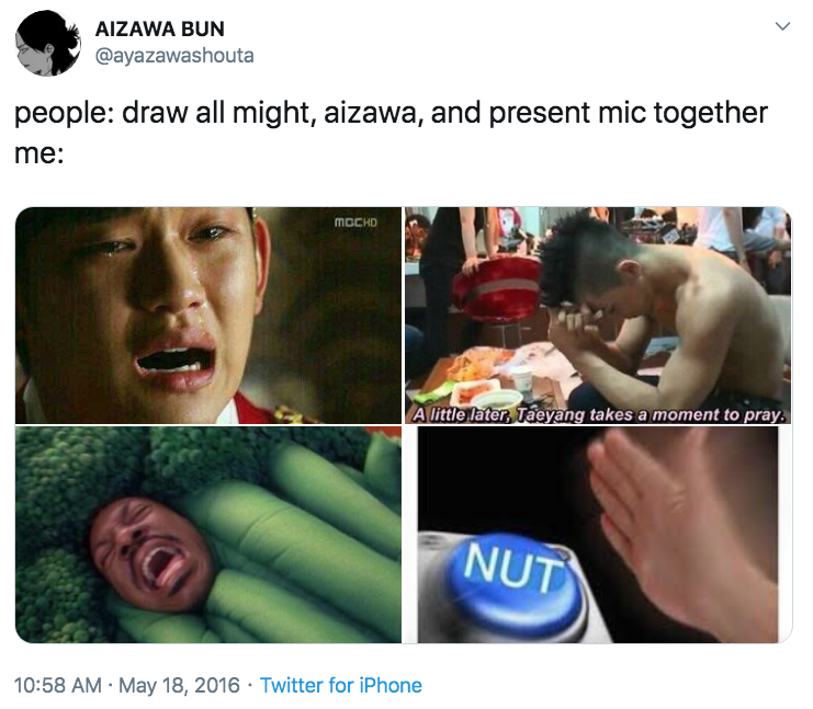 people: draw all might, aizawa, and present mic together | Broccoli Eddie Murphy | Know Your Meme