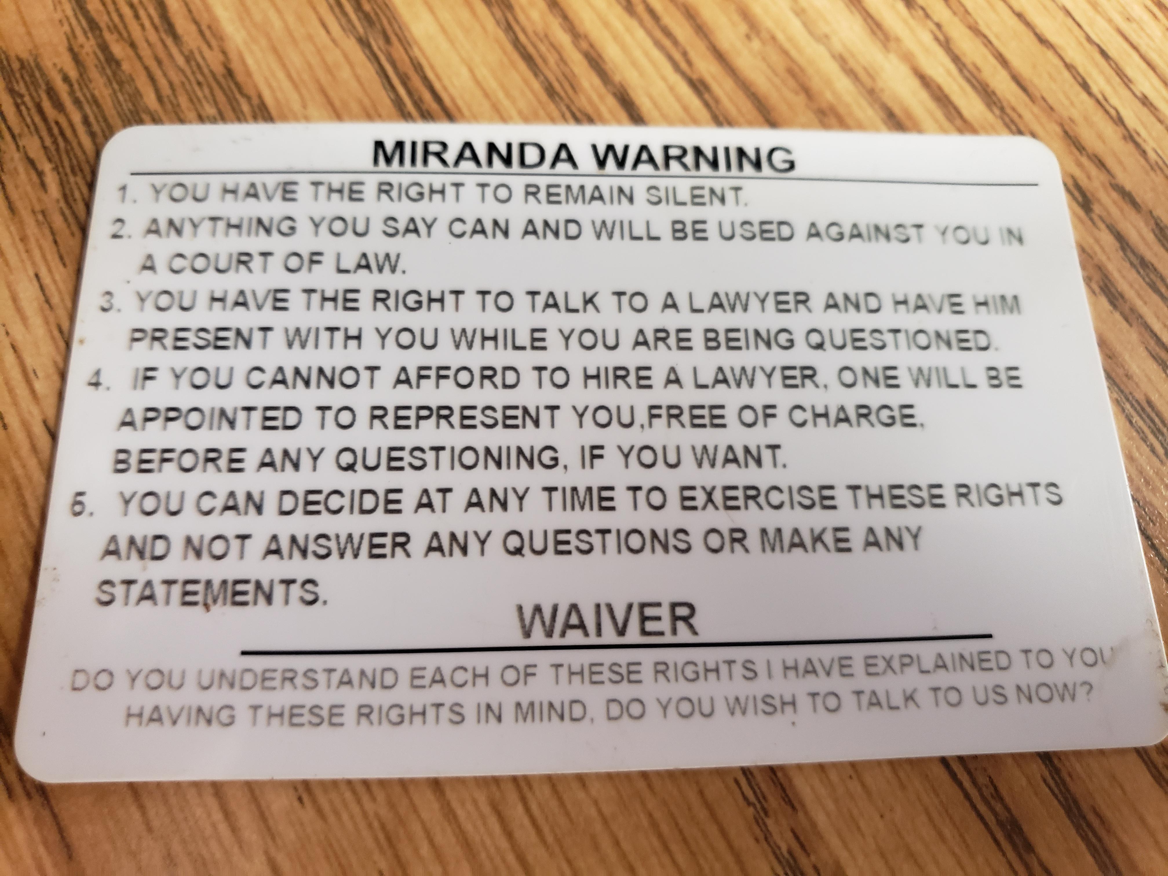 Miranda Card Warning - Printable Cards