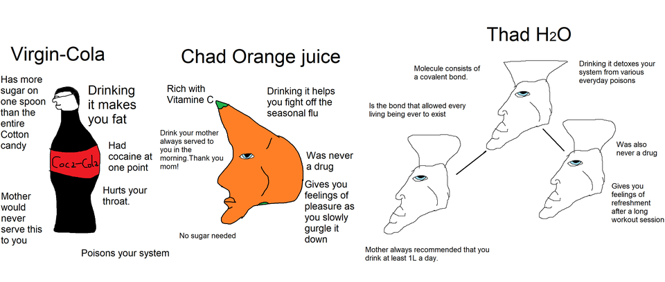 Virgin Cola v. CHAD OJ v. THAD-2-O | Virgin vs. Chad | Know Your Meme