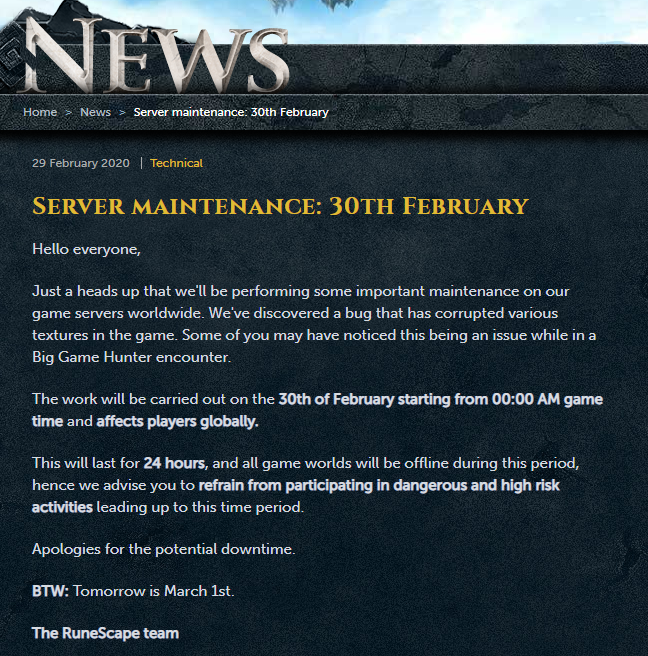 Server maintenance: 30th February | /r/Runescape/ | RuneScape | Know ...