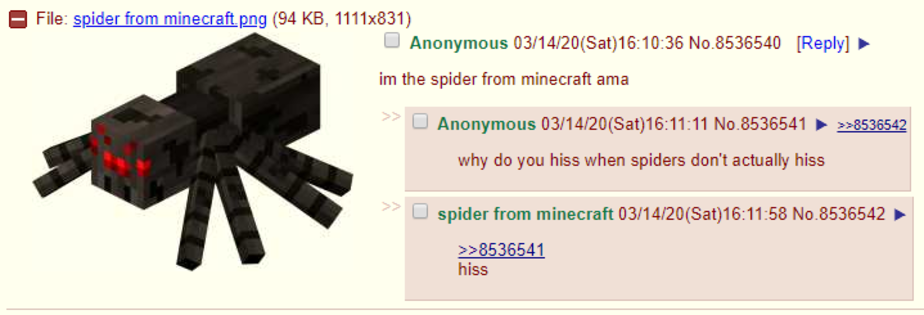Anon is the spider of minecraft | /r/4chan | 4chan | Know Your Meme