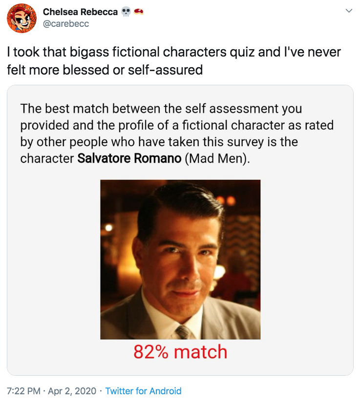 I took that bigass fictional characters quiz and I've never felt more ...