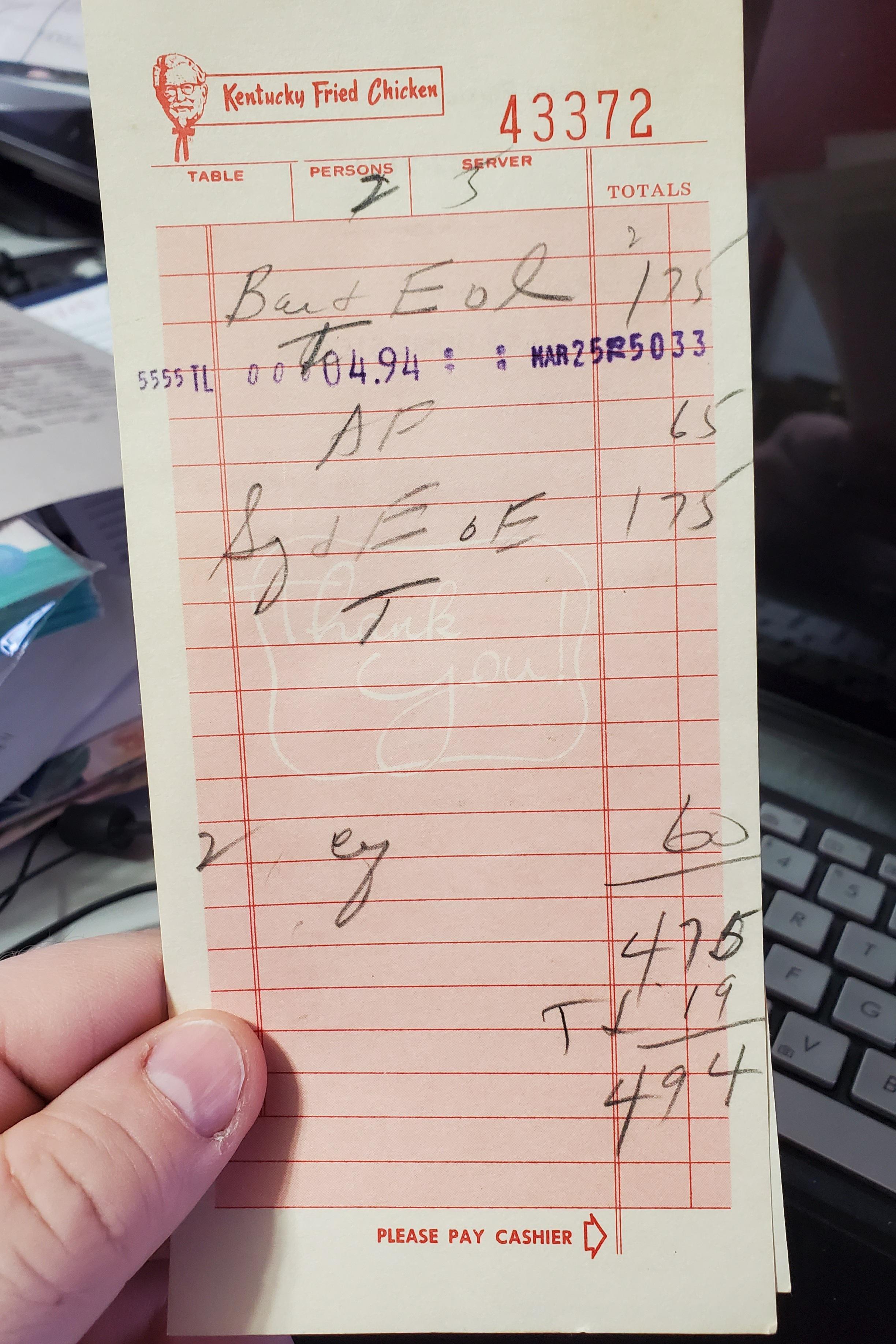This KFC receipt from 1978 (cardstock?) in perfect condition. | /r ...
