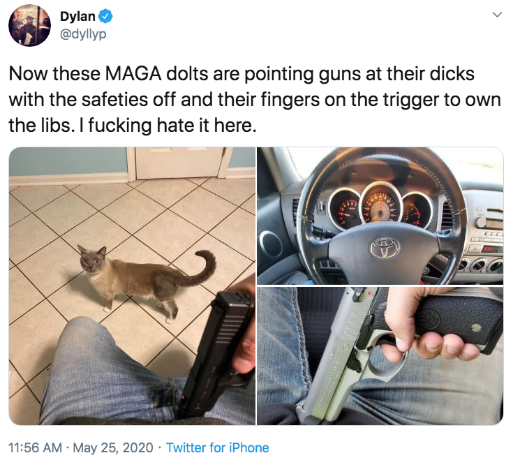 Now these MAGA dolts are pointing guns at their dicks with the safeties ...