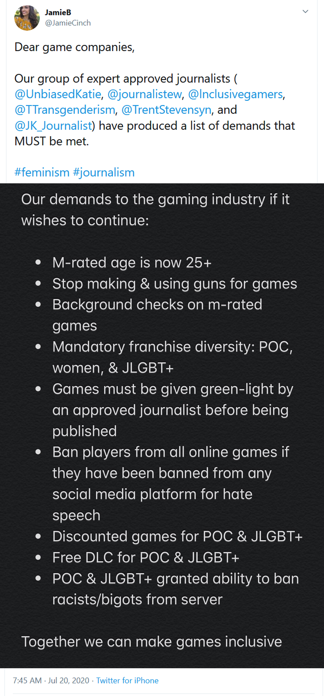 A list of demands of gaming changes for feminists, journalists, POC ...