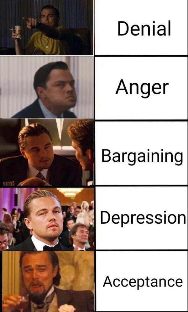 stages of grief | Leonardo DiCaprio Laughing | Know Your Meme