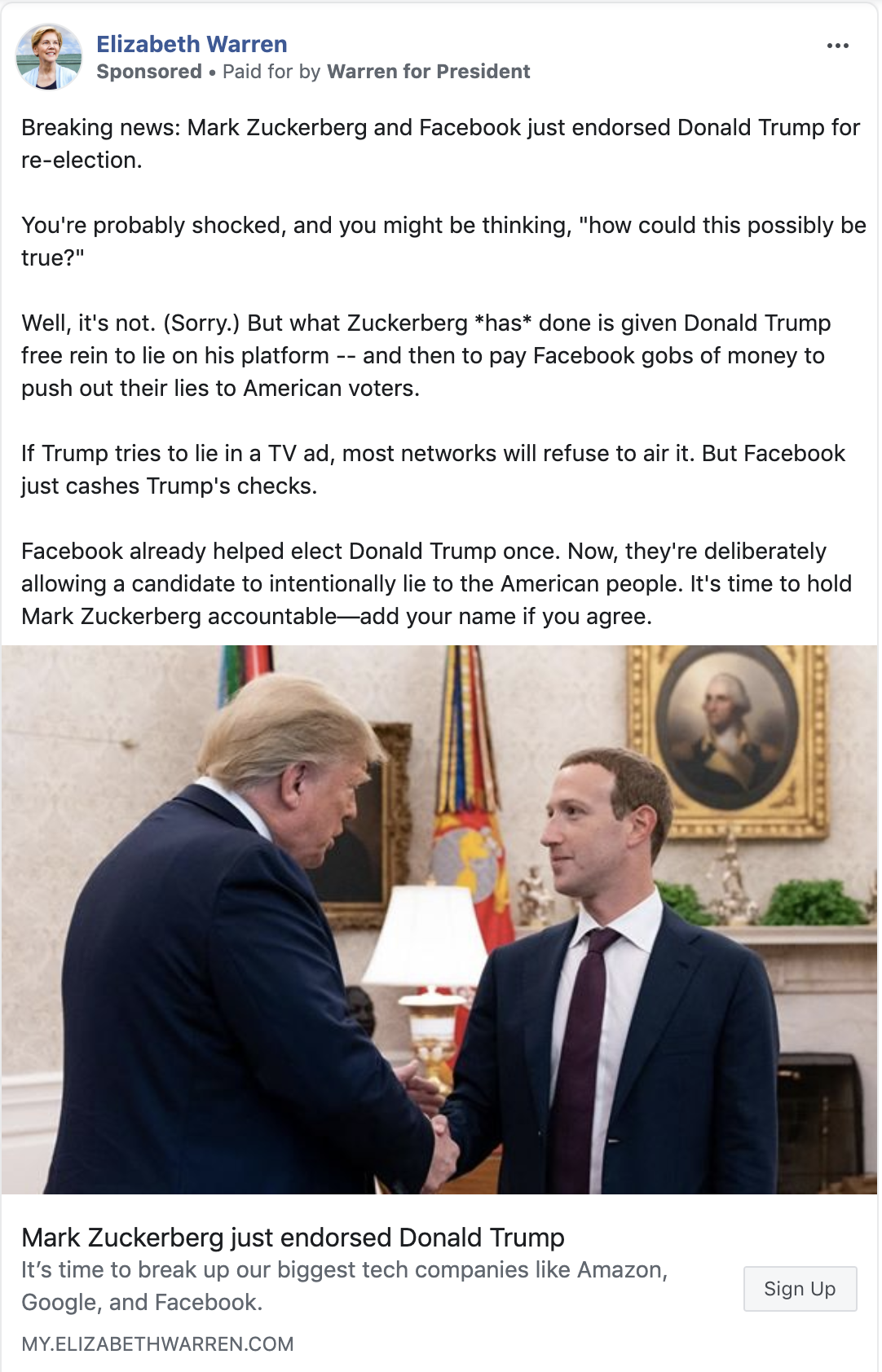 Warren's Fake Facebook Ad | Elizabeth Warren | Know Your Meme