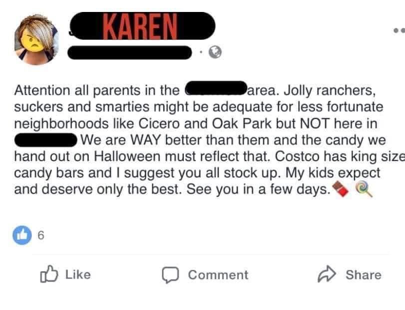 This Karen trying to dictate what candy people give out on Halloween ...