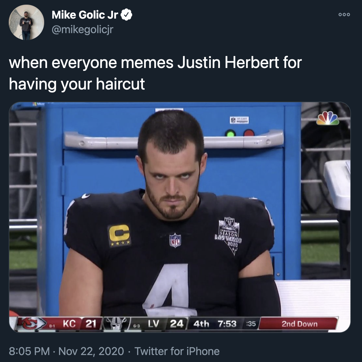 when everyone memes Justin Herbert for having your haircut | Derek Carr ...