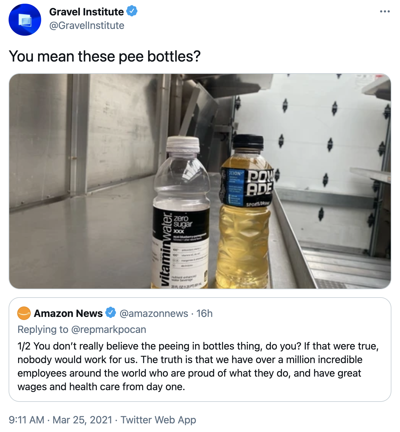 You mean these pee bottles? | Amazon Warehouse Workers Urinating in ...
