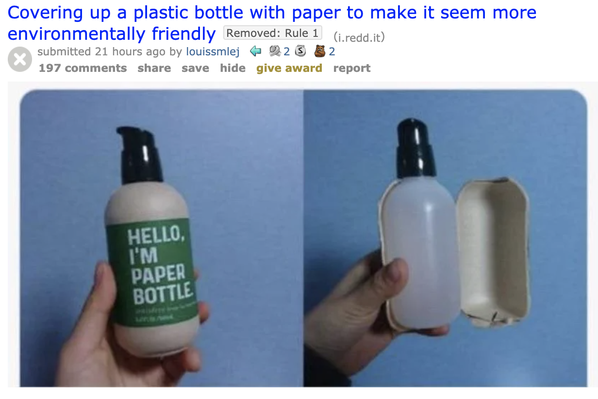 Covering up a plastic bottle with paper to make it seem more ...