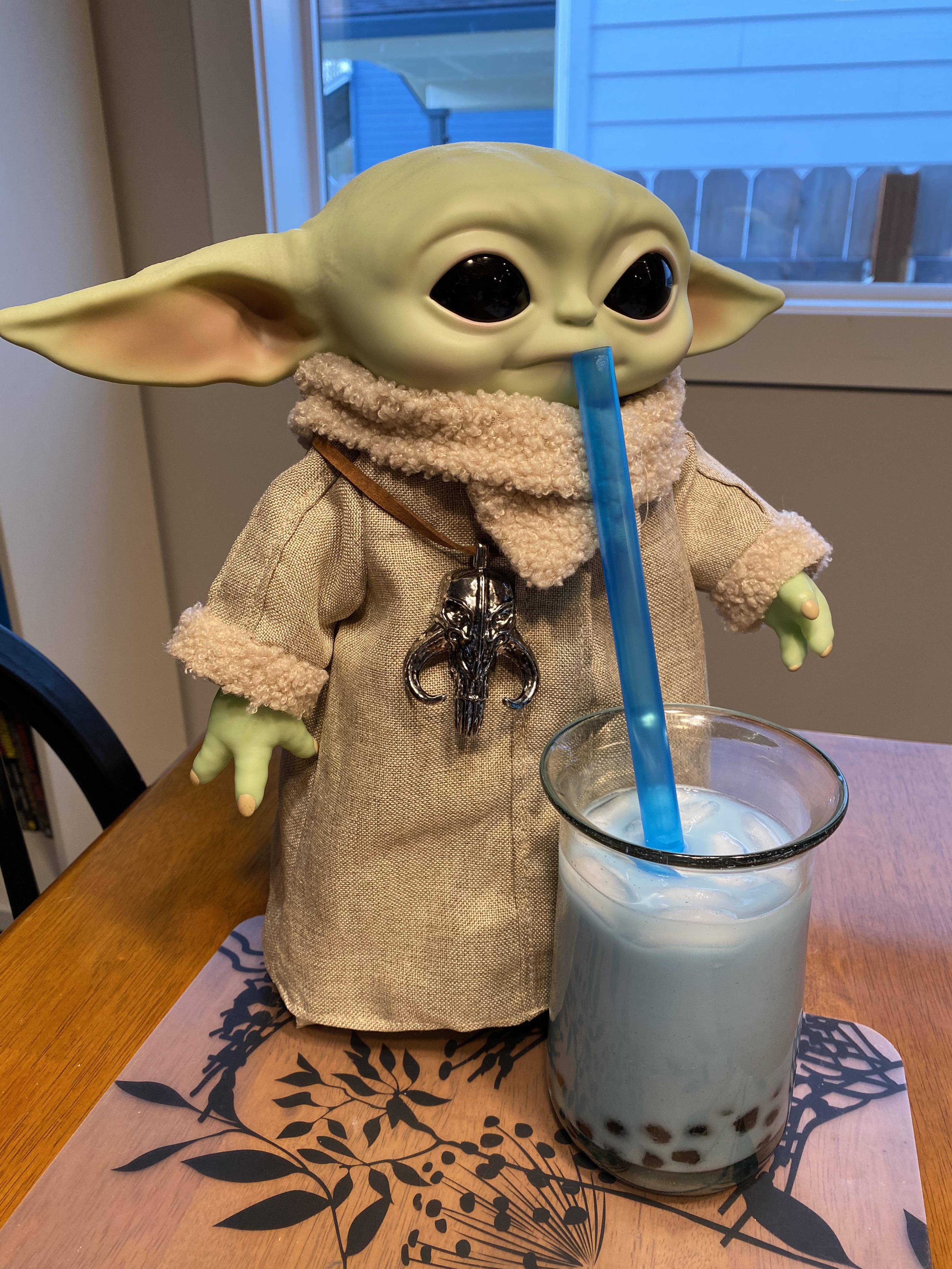 Little dude drinking up some frog eg—I mean boba tea. (It’s blue pea ...