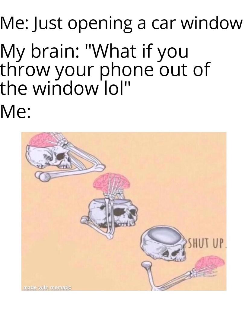 *Slowly closing the car window* | /r/memes | Shut Up Brain | Know Your Meme